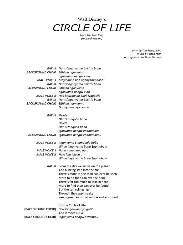 Circle of Life Lyrics from The Lion King | PDF