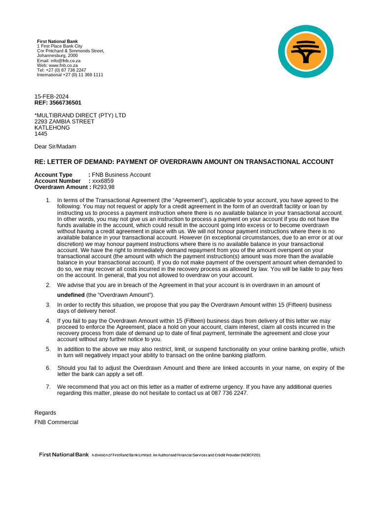 Letter of Demand | PDF | Overdraft | Transaction Account