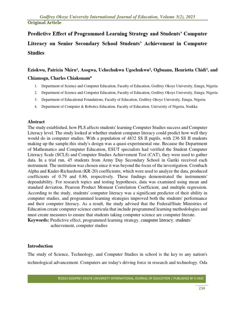 Predictive Effect of Programmed Learning Strategy and Students ...