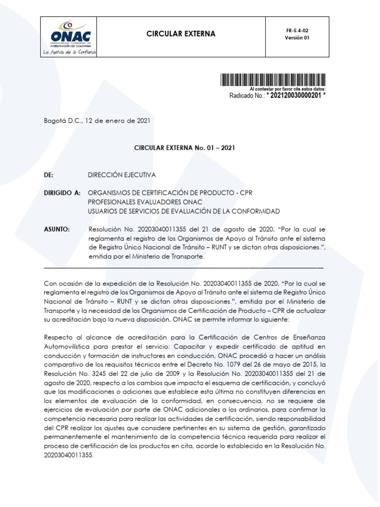 Circular Externa N 01-2021 Resolución No 20203040011355 de 2021 | PDF ...