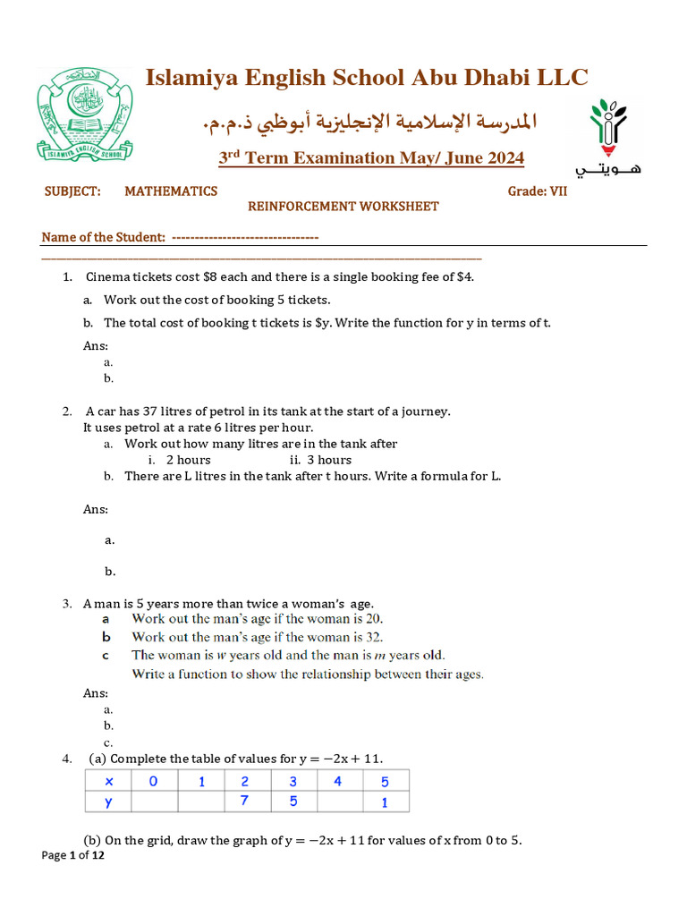 Grade 7 - Reinforcement Worksheet For 3rd Term Exam, 2023-24 | PDF | Ratio