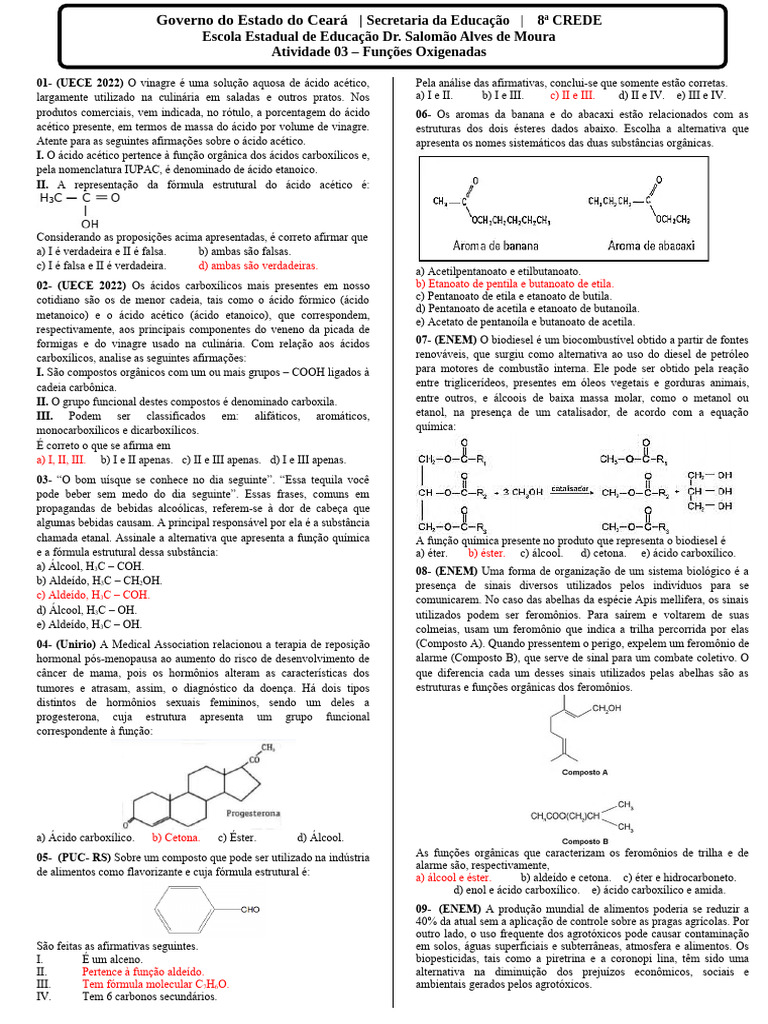 Gabarito Atividade 03 - Funcoes Oxigenadas - Ester e Acidos Carboxilicos | PDF | Éster | Aldeído