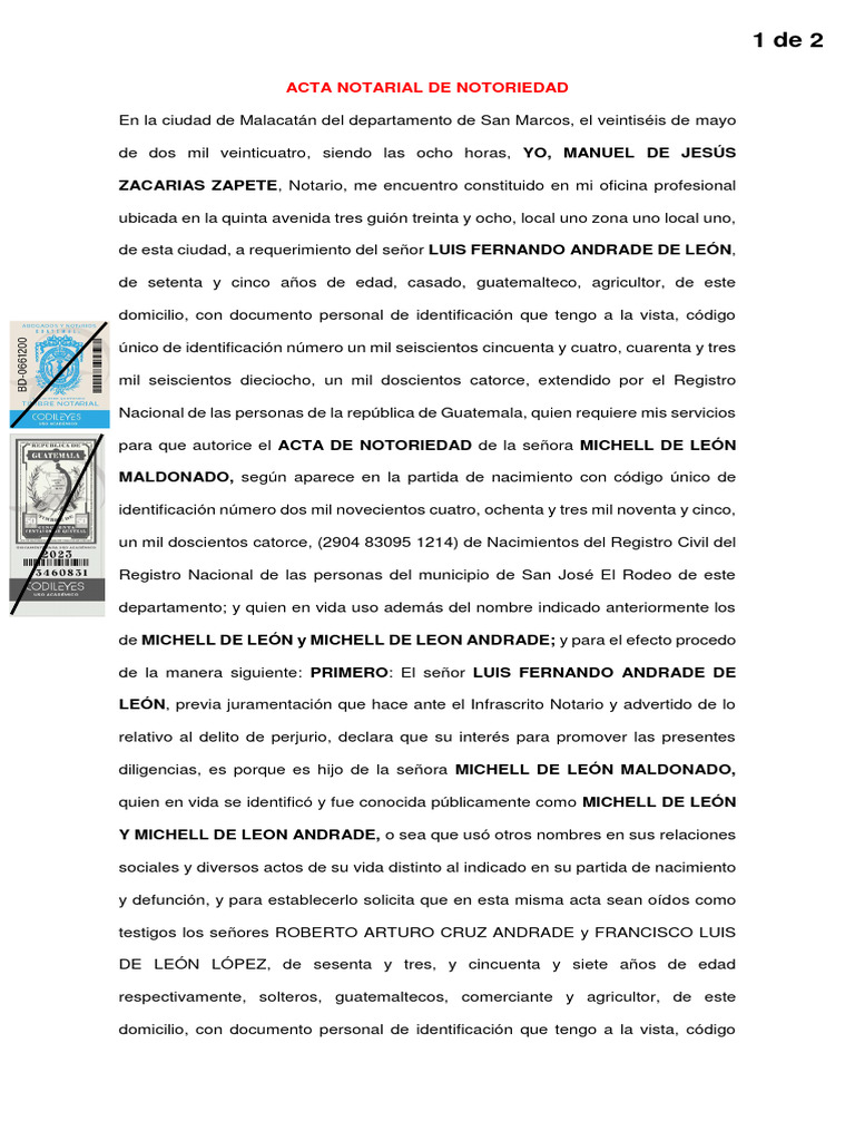 Acta Notarial de Notoriedad en Guatemala | PDF | Guatemala | Testigo