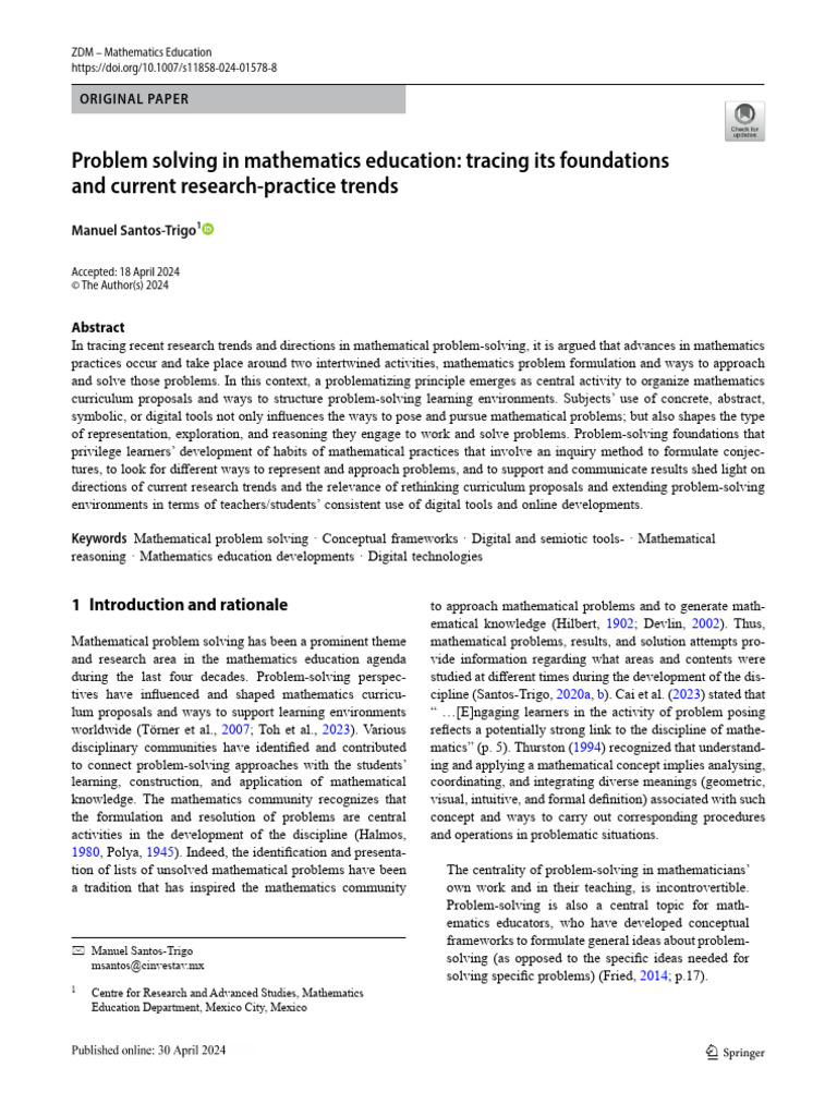 Problem Solving in Mathematics Education Tracing Its Foundations and ...
