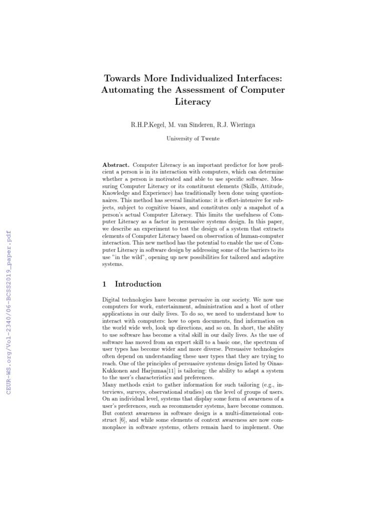 Towards More Individualized Interfaces Automating The Assessment of Computer Literacy | PDF ...