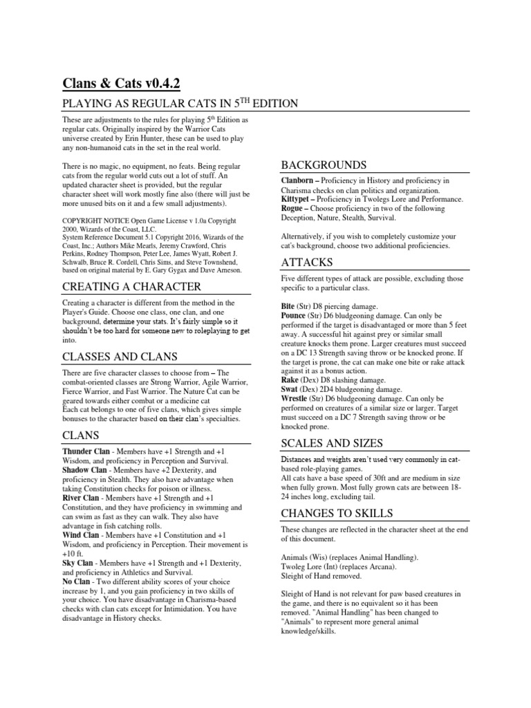 Clans and Cats - Warrior Cats in 5e | PDF