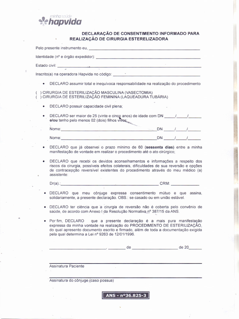 Termo de Consentimento - Vasectomia - Laqueadura | PDF Termo de Consentimento - Vasectomia - Laqueadura | PDF