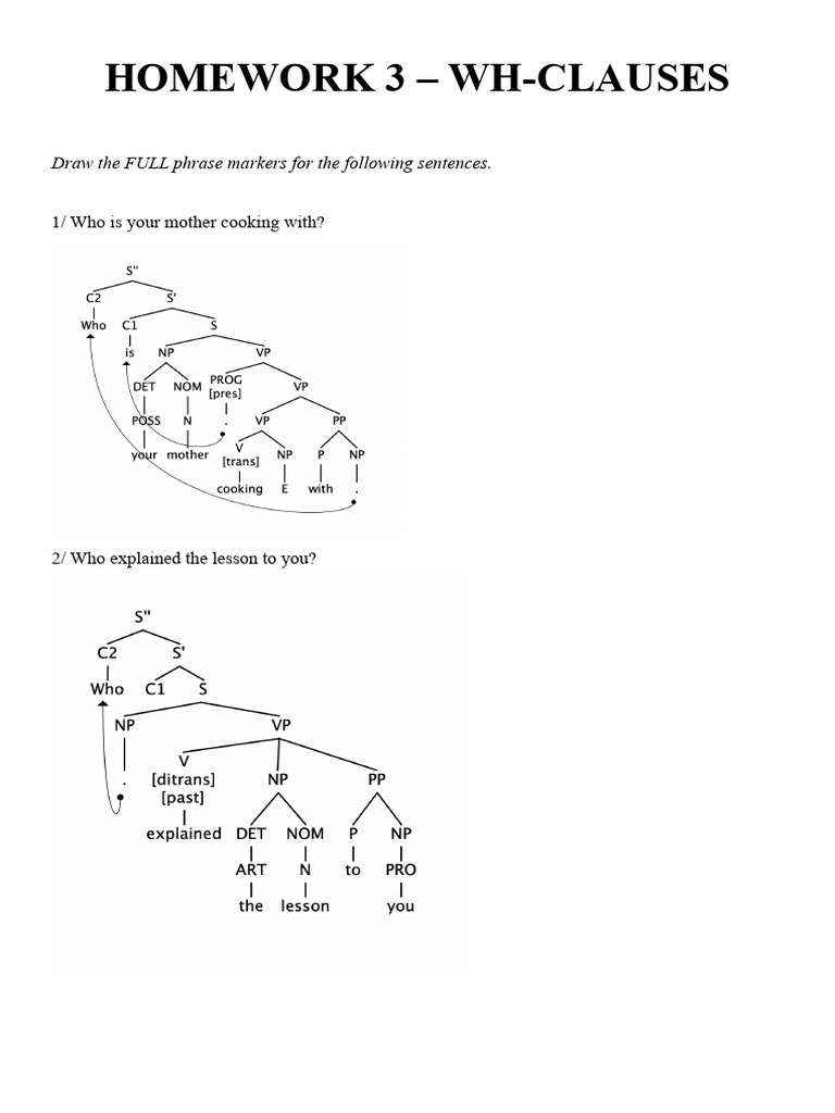 WH-Clauses Phrase Marker Homework | PDF