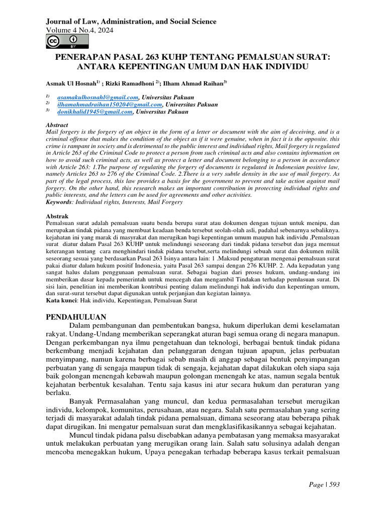 Penerapan Pasal 263 KUHP Tentang Pemalsuan Surat Antara Kepentingan Umum Dan Hak Individu | PDF