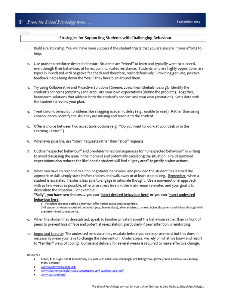 Supporting Students With Challenging Behaviour Quicksheet | PDF | Behavior | School Psychology