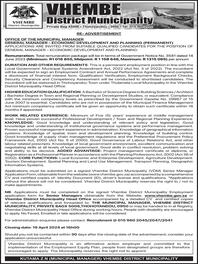 Vhembe District Municipality GM Vacancy | PDF | Business