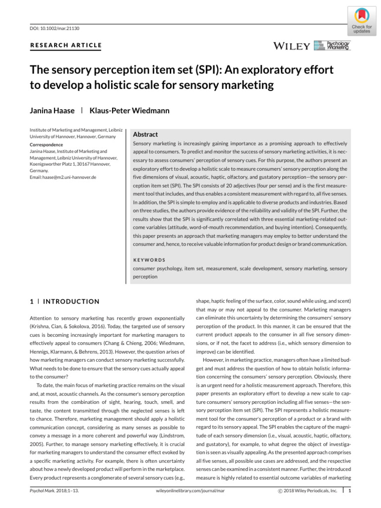 The Sensory Perception Item Set (SPI) An Exploratory Effort To Develop A Holistic Scale For ...