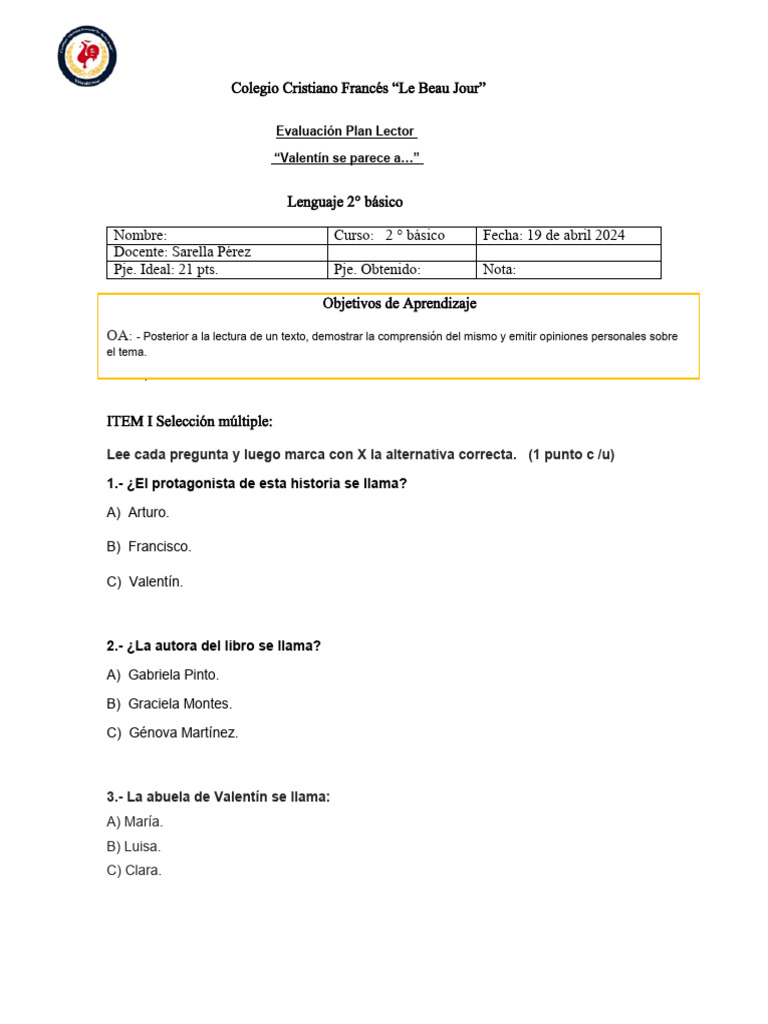 Evaluacion Plan Lector 2° | PDF