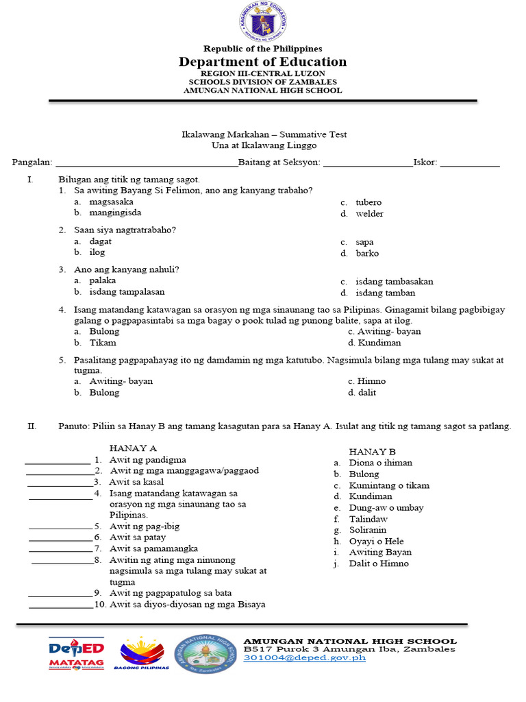 Filipino G7 Summative Test Q2 Weeks 1&2 | PDF Filipino G7 Summative Test Q2 Weeks 1&2 | PDF