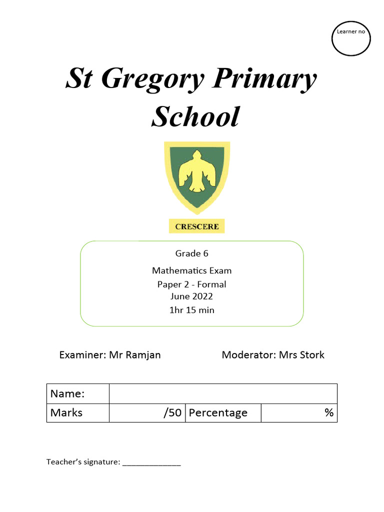 Grade 6 MATHS JUNE EXAM PAPER 2 Formal | PDF | Algebra | Arithmetic