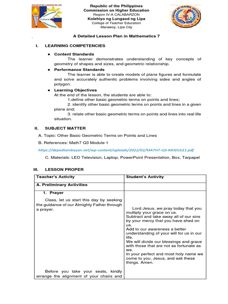 Detailed Lesson Plan: Geometry Basics | PDF | Line (Geometry) | Geometry