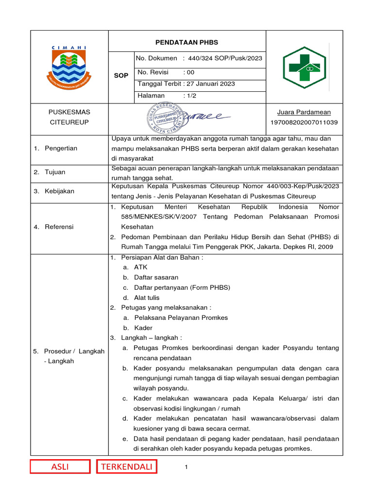 SOP Pendataan PHBS Puskesmas | PDF