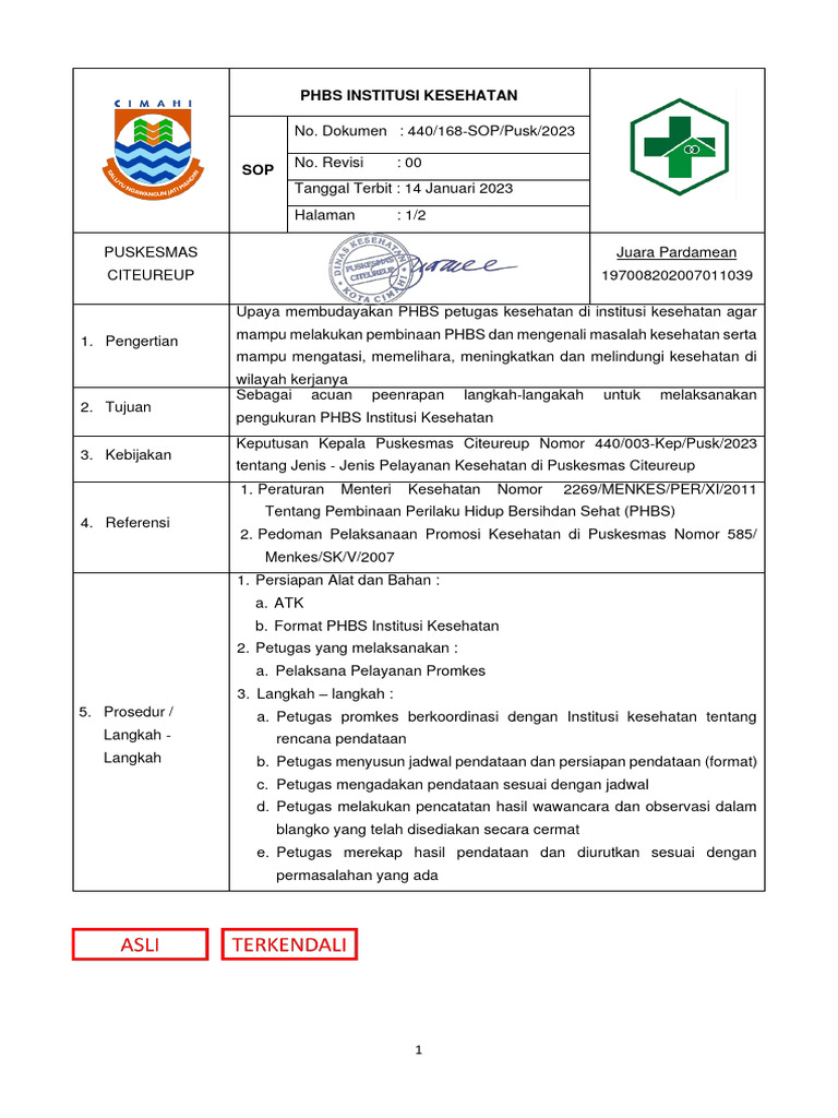 SOP PHBS di Puskesmas Citeureup | PDF