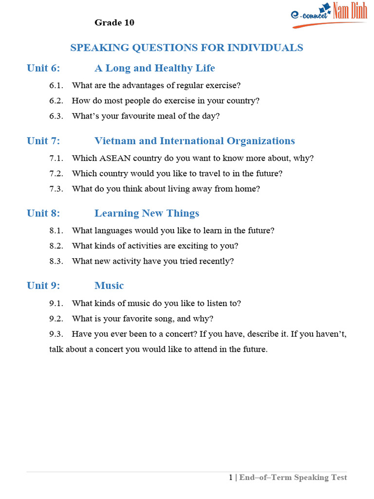 Grade 10 Speaking Test Prep | PDF