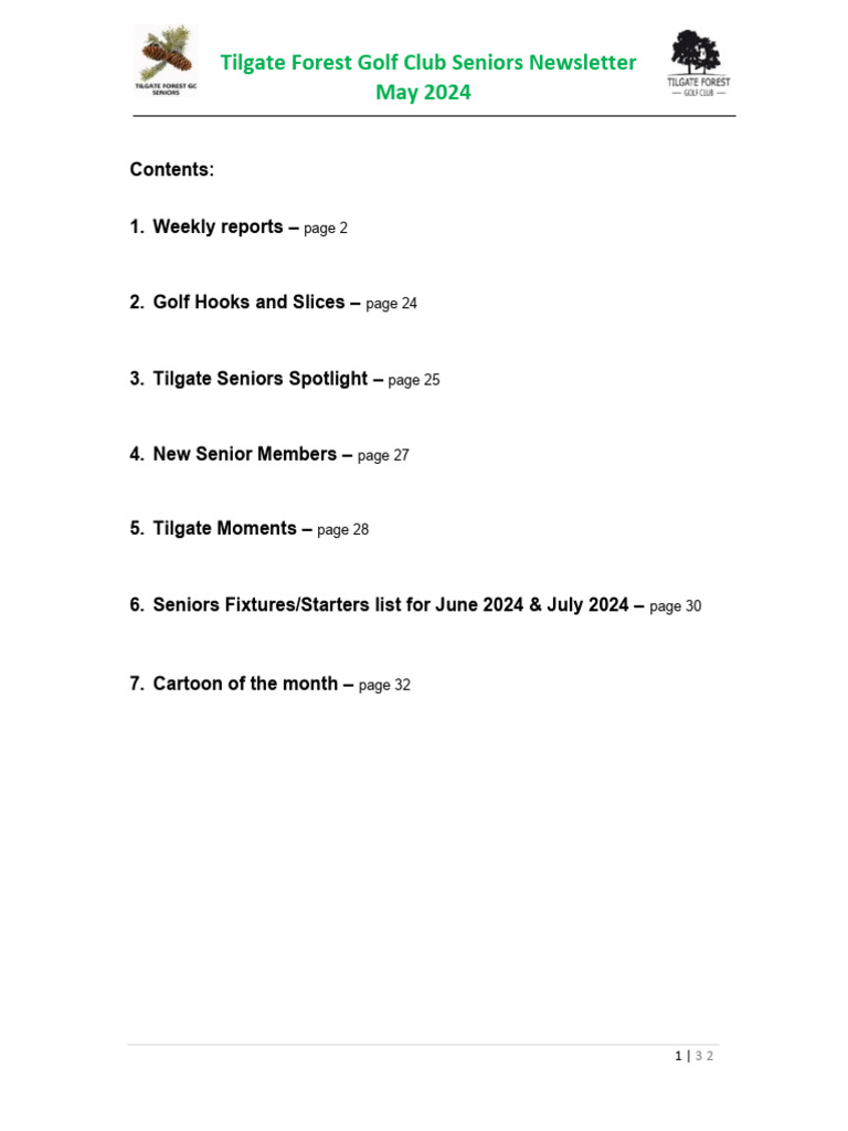 Tilgate Forest Golf Club Seniors Newsletter May 2024: Contents: 1 ...