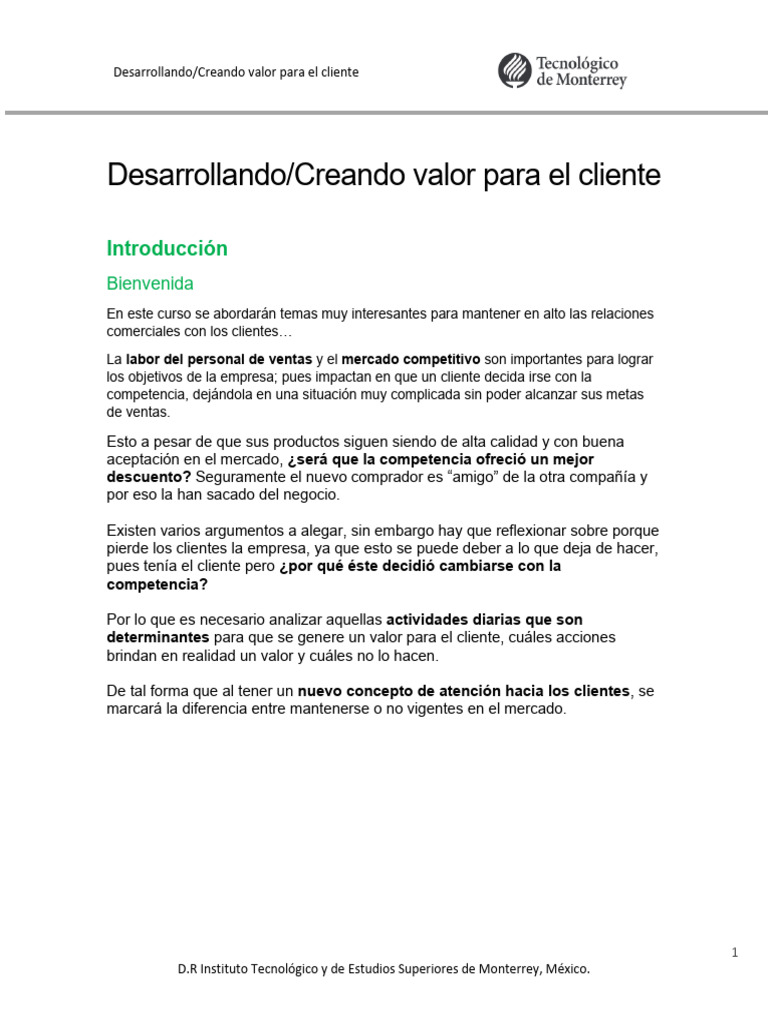 Desarrollando y Creando Valor para El Cliente | PDF | Business | Marketing Desarrollando y Creando Valor para El Cliente | PDF | Business | Marketing