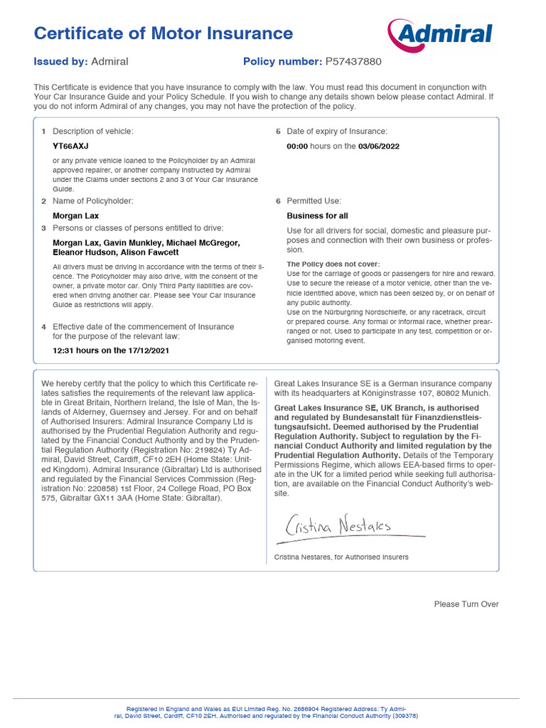 YT66 AXJ Certificate of Motor Insurance 2 | PDF | Vehicle Insurance ...