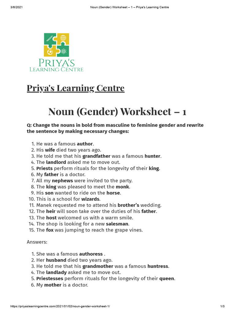 Noun Gender Worksheet E28093 1 E28093 Priyas Learning Centre | PDF ...