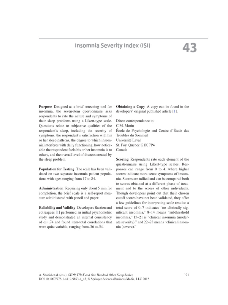Insomnia Severity Index (ISI) | PDF | Insomnia | Self Report Study
