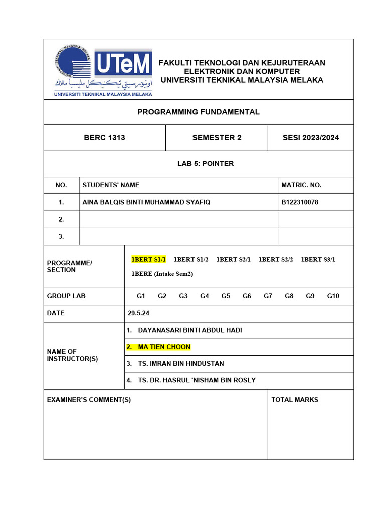 BERC 1313 Lab 5 POINTER - 2022 - 2023 - Sem2 | PDF | Pointer (Computer Programming) | Data Type