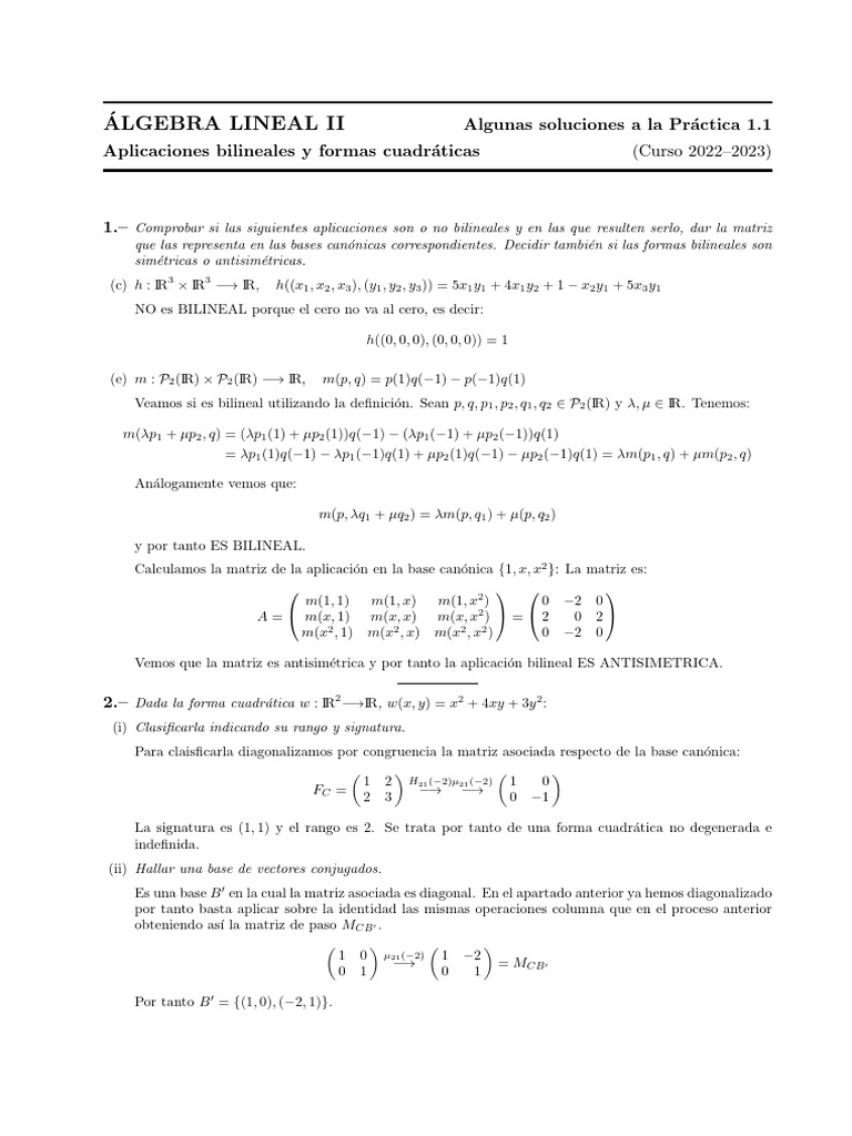 Álgebra L 2 - P 1.1 (2022-2023) - SOL | PDF | Matriz (Matemáticas) | Objetos matemáticos
