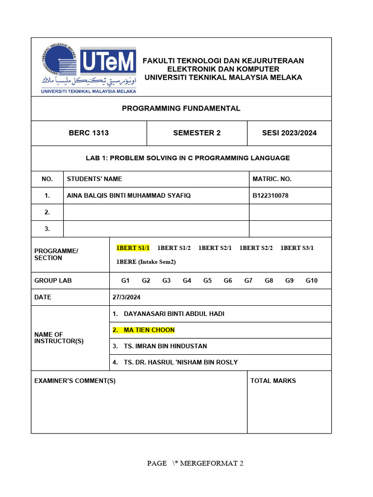 BERC 1313 Lab 1 PROBLEM SOLVING IN C 2023 - 2024 - Sem2 | PDF | Body Mass Index | Integer ...