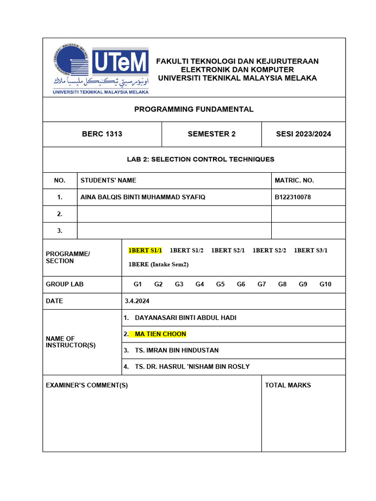 BERC 1313 Lab 2 SELECTION CONTROL TECHNIQUE IN C 2023 - 2024 - Sem2 | PDF | Area | Control Flow