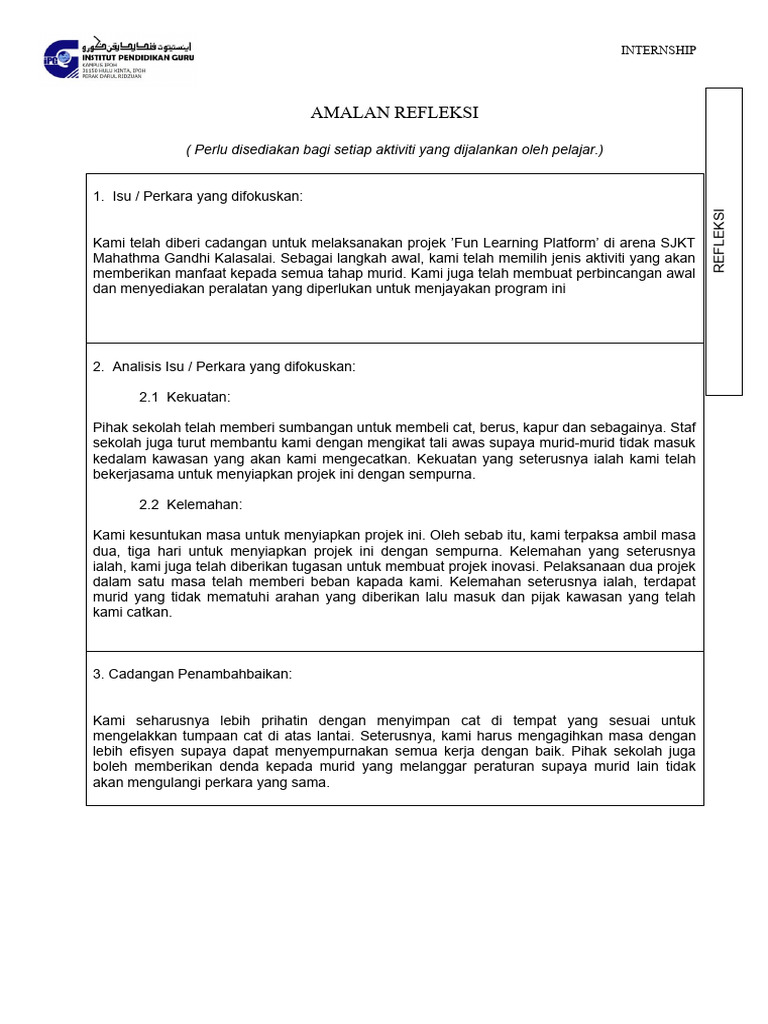 Dokumen Internship 2019 - 1 - Catatan Refleksi | PDF
