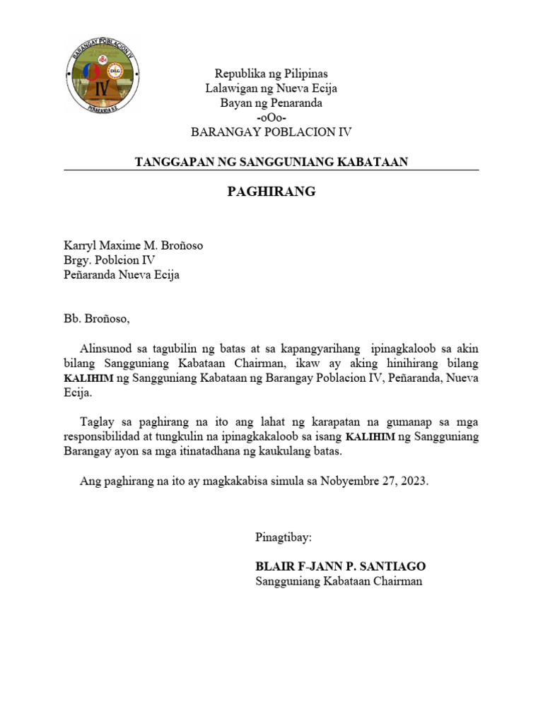 Paghirang SK Pob 4 | PDF