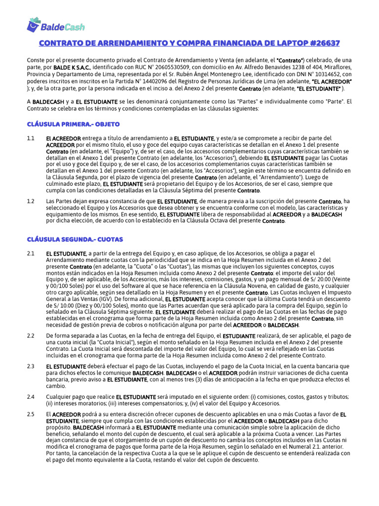 Contrato de Financiamiento y Venta de Laptop | Descargar gratis PDF ...