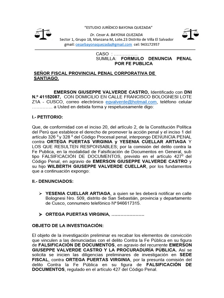 Formulo Denuncia Penal Por Fe Publica - Modelo | PDF | Odontología | Justicia