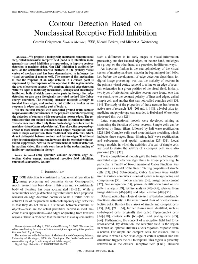 Contour Detection Based On Nonclassical Receptive Field Inhibition 2003ieee Tip Contour Pdf