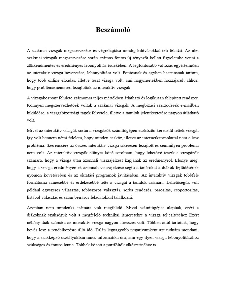 Beszámoló Az Idei Szakmai Vizsga Lebonyolításáról - Móricz | PDF