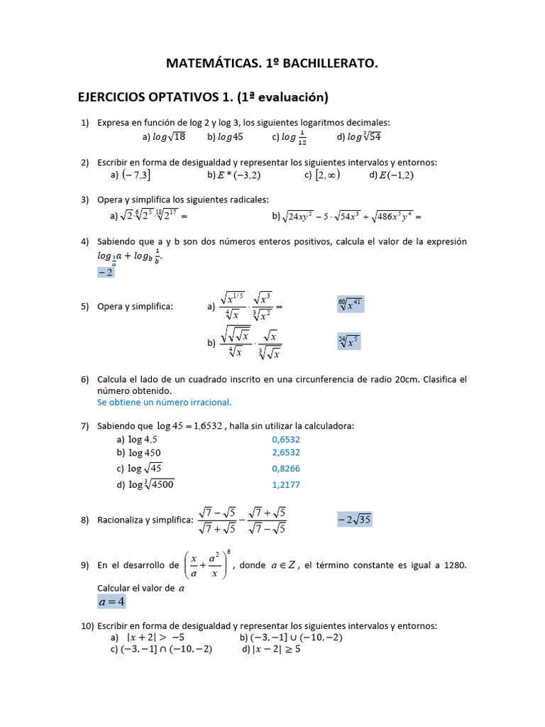 Ejercicios de Matemáticas 1º Bachillerato | PDF | Números | Álgebra ...