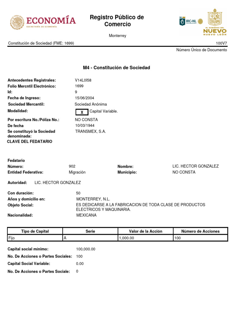 Registro Público de Comercio: M4 - Constitución de Sociedad | PDF