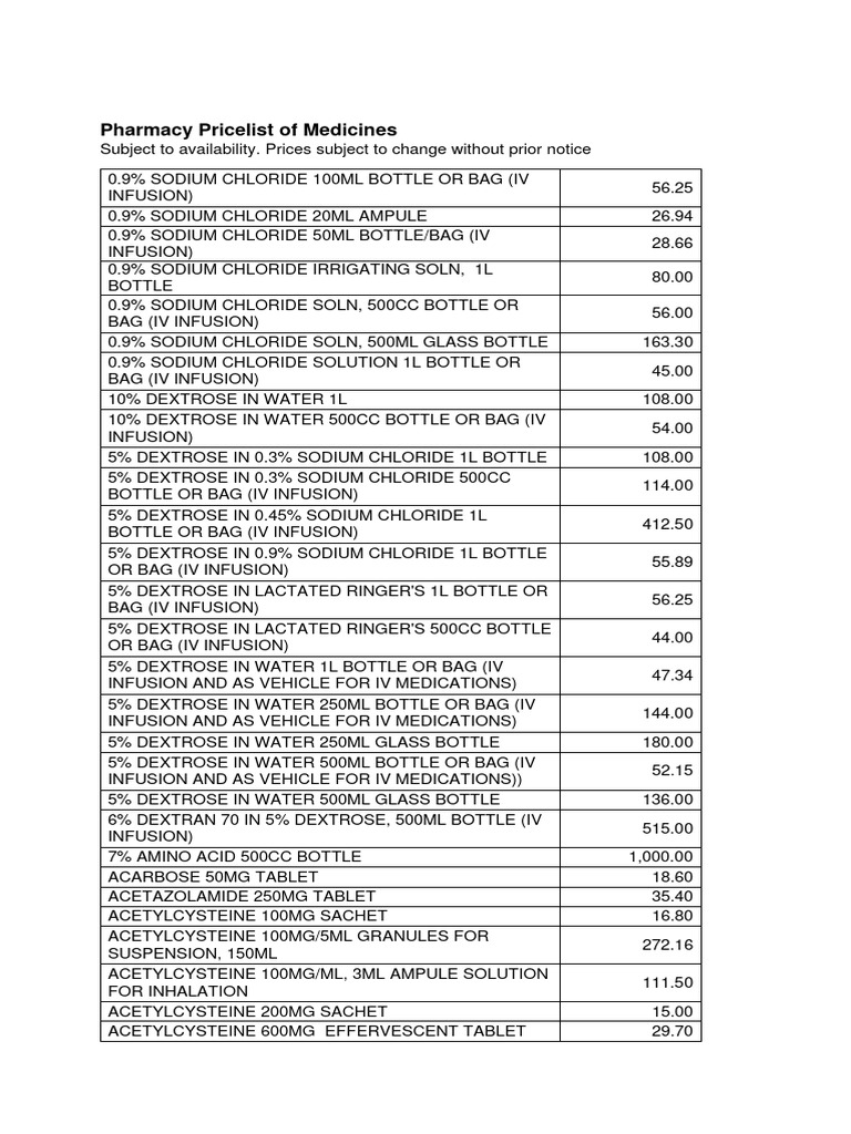 Pharmacy Pricelist of Medicines | PDF | Intravenous Therapy | Tablet ...