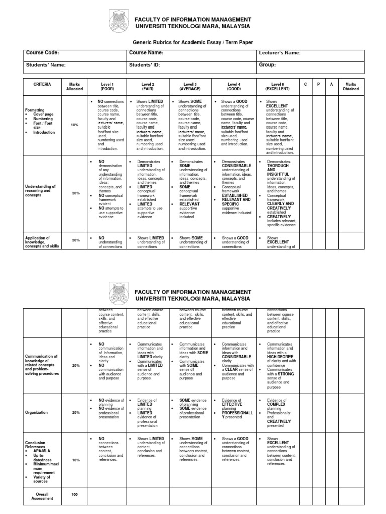 Academic Essay Rubrics | PDF | Information | Concept