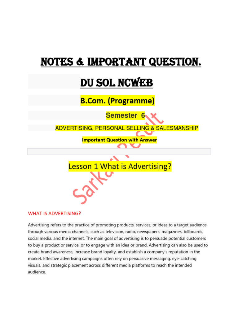Notes B.com. (Prog.) Advertising, Personal Selling | PDF | Advertising ...