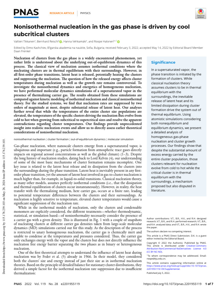 Tikkanen Et Al 2022 Nonisothermal Nucleation in The Gas Phase Is Driven ...