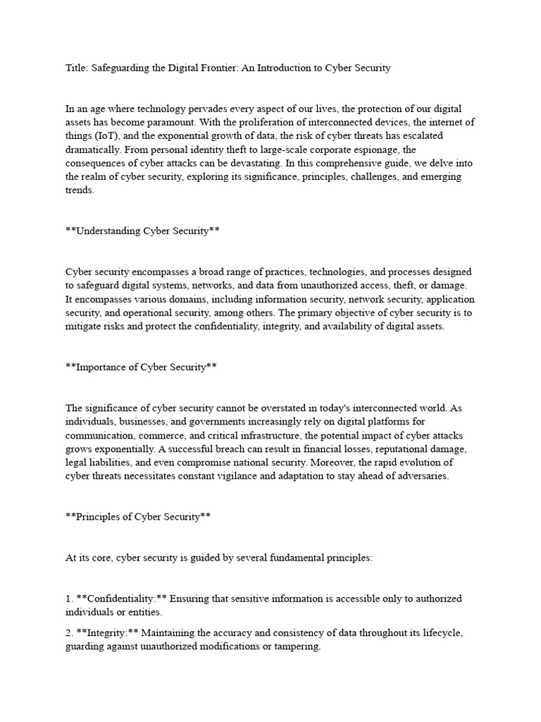 Safeguarding The Digital Frontier An Introduction To Cyber Security Pdf Security Computer