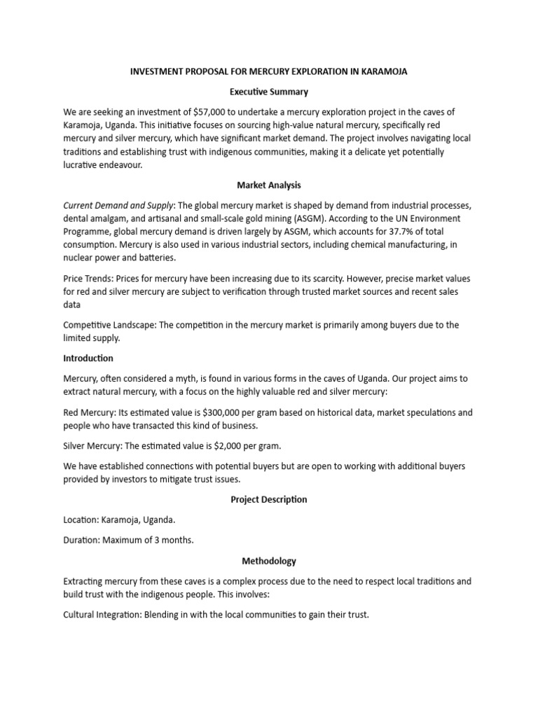 Investment Proposal For Mercury Exploration in Karamoja | PDF | Market ...