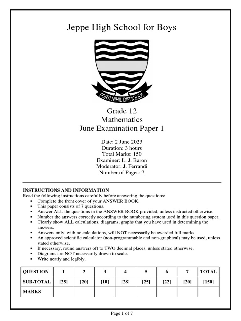 Grade 12 Exam - June 2023 - Paper 1 | PDF | Quadratic Equation | Numbers