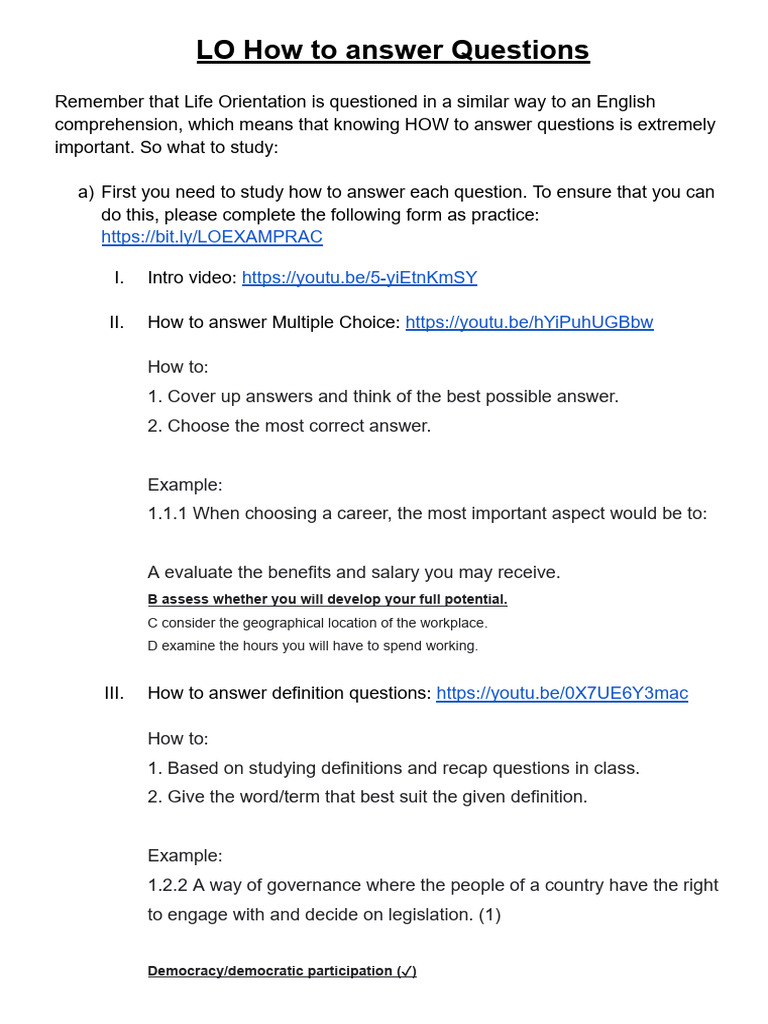 Life Orientation Exam Answer Guide | PDF | Learning Styles | Learning