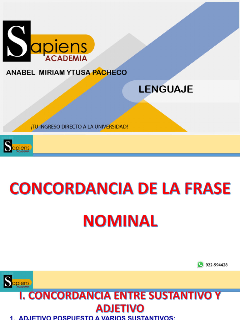 LENGUAJE - SEMANA 04 - REPASO - CONCORDANCIA DE LA FRASE NOMINAL - MAÑANA - T.pdf. (Teoría ...