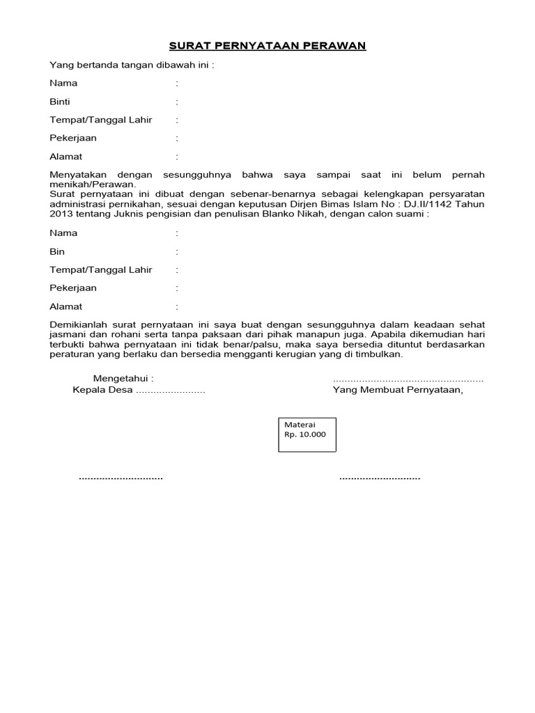 Surat Pernyataan Jejaka, Perawan | PDF